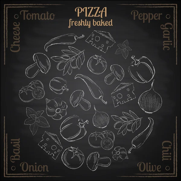 Pizza menu title with white hand drawn ingredients on chalkboard Stock ...