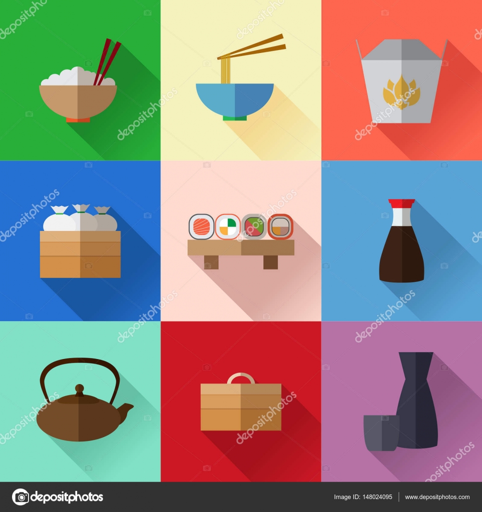 Set of simple flat asian food and equipment icons with long sha Stock ...