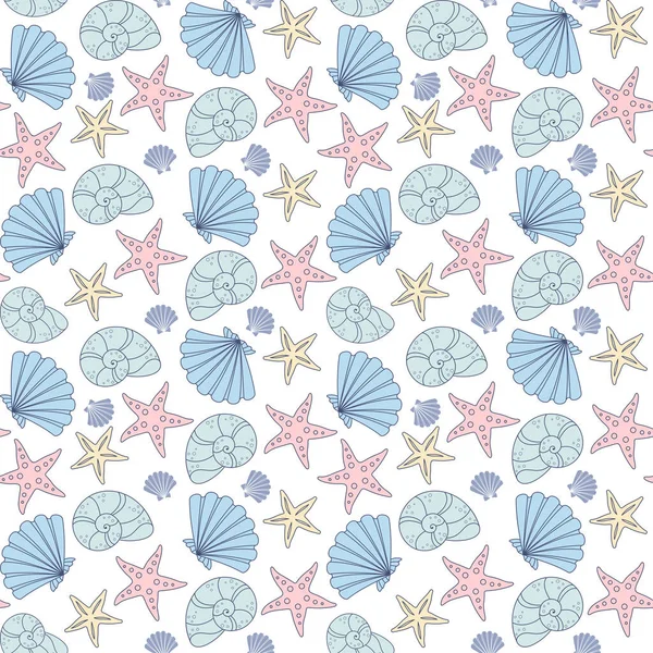 Colorful seashells and starfish on a white background. Vector seamless ...
