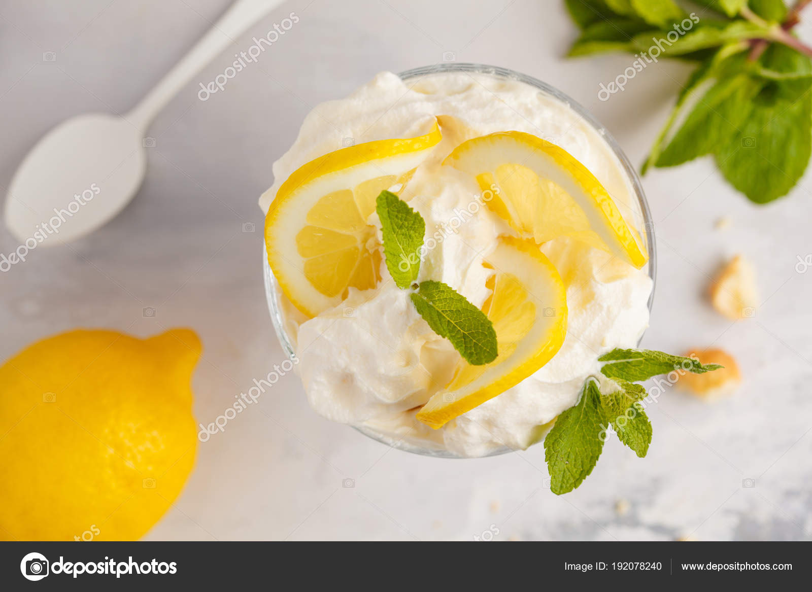Lemon dessert. English lemon trifle, cheesecake, whipped cream, Stock ...