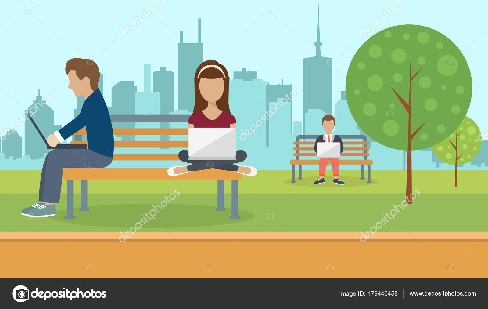 Des Gens Assis Dans Parc Tenant Haut Sur Leurs Genoux Vecteur par ...