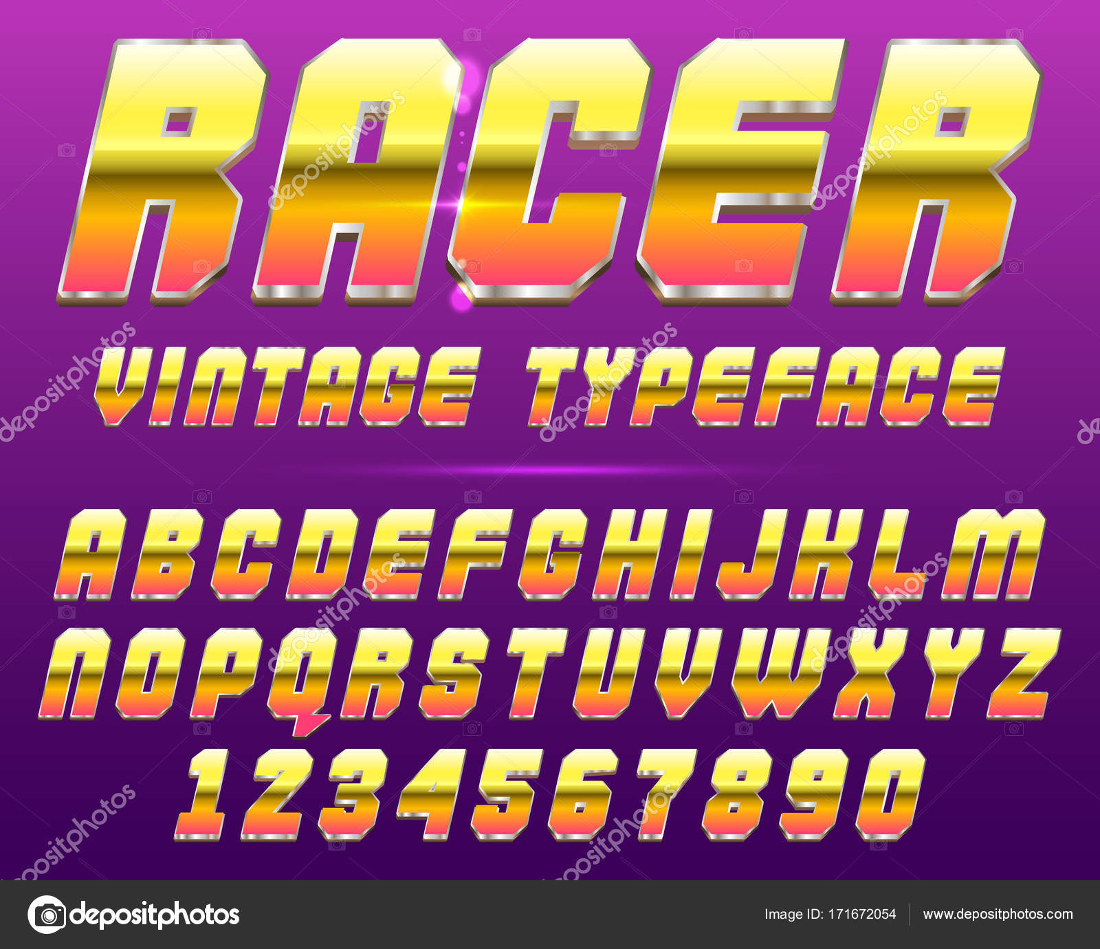 Chrome shiny retro, vintage font, typeface, mado of metal or steel ...