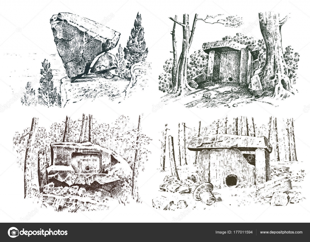 Set ancient cave. prehistoric house of wood or stone rock with the ...