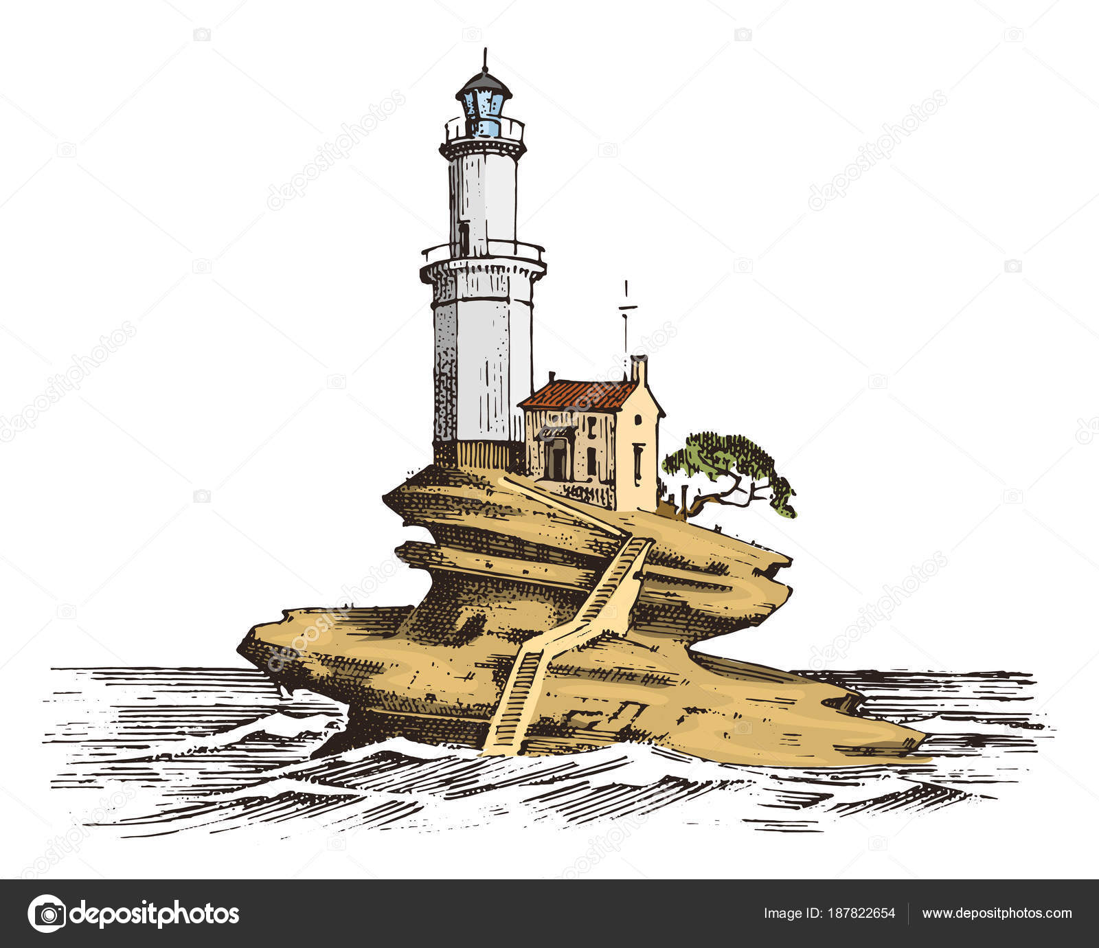 Lighthouse and sea. Marine sketch, nautical journey and seascape ...