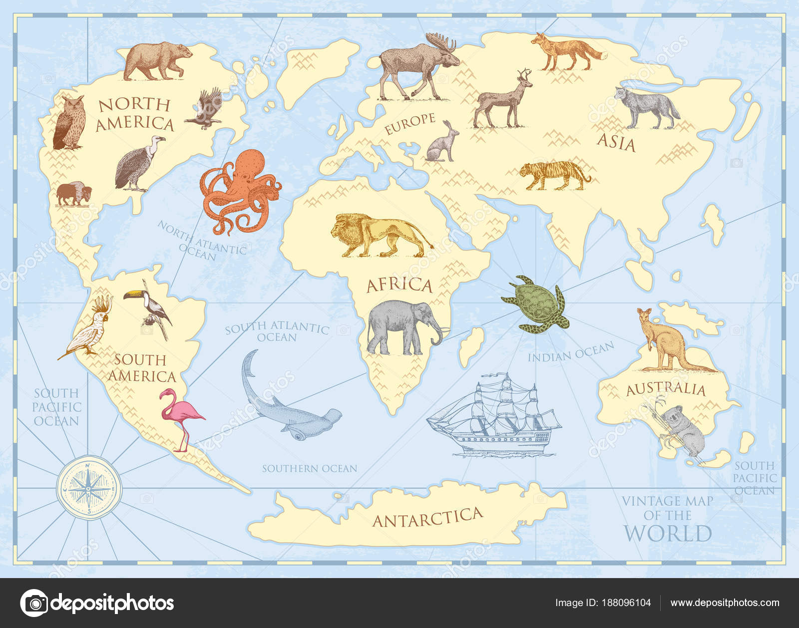 Vintage world map with wild animals and mountains. Sea creatures in the ...