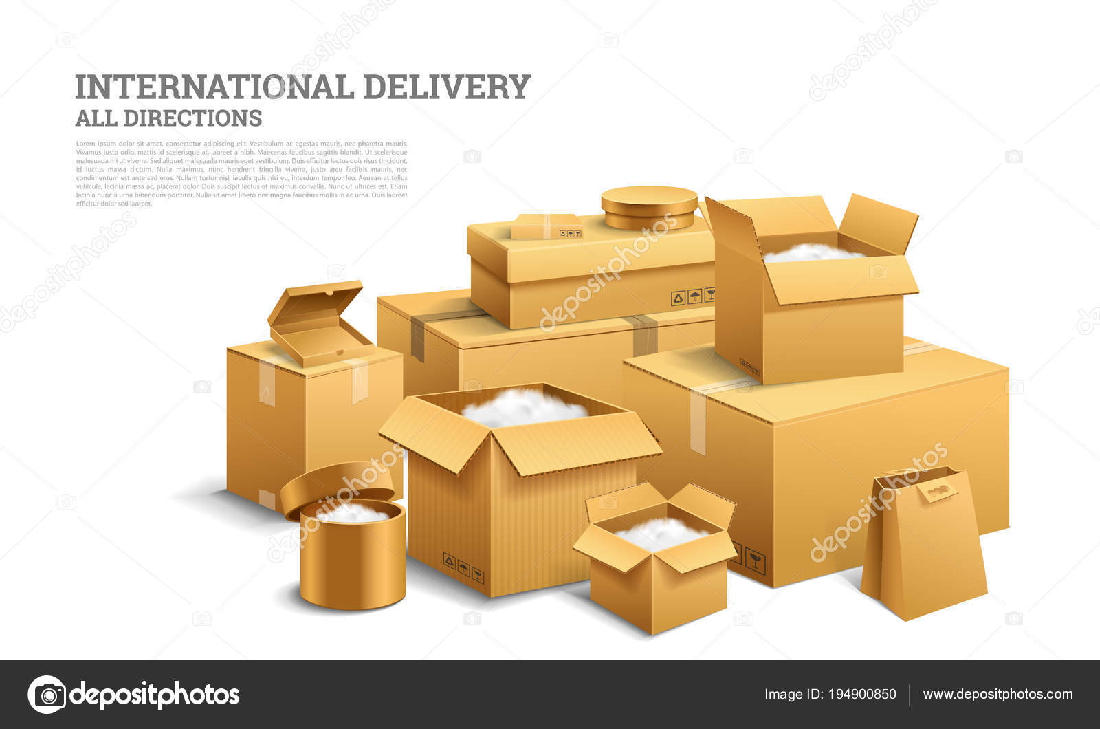 Pile of realistic stacked cardboard box. Brown delivery. Empty Carton ...