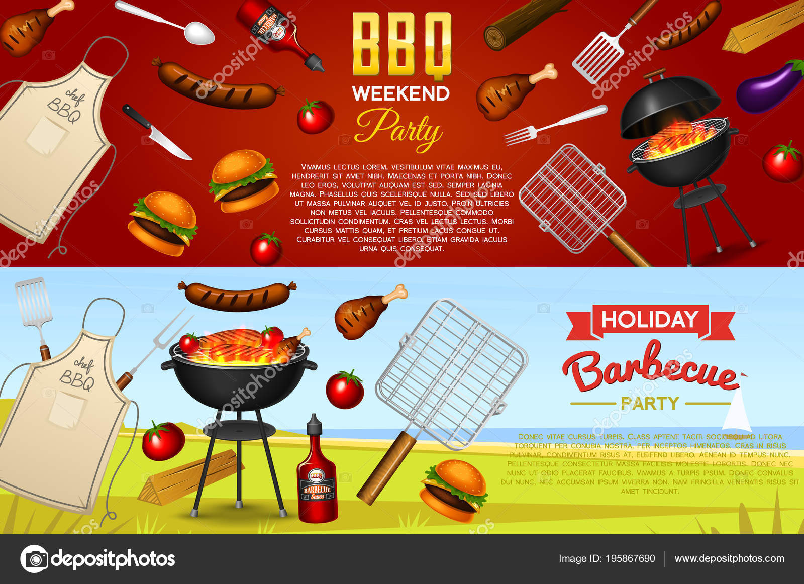 Barbecue grill elements set isolated on red background. BBQ party ...