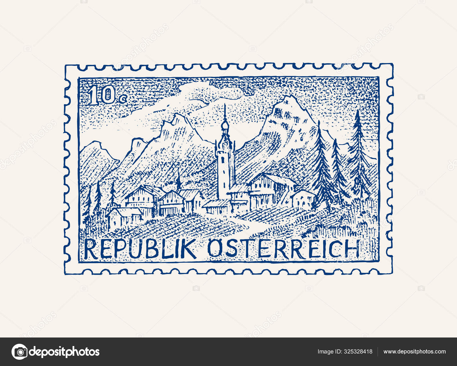 Vintage Postage stamp for album. Ancient landscapes. Retro old Sketch. Monochrome Postcard ...