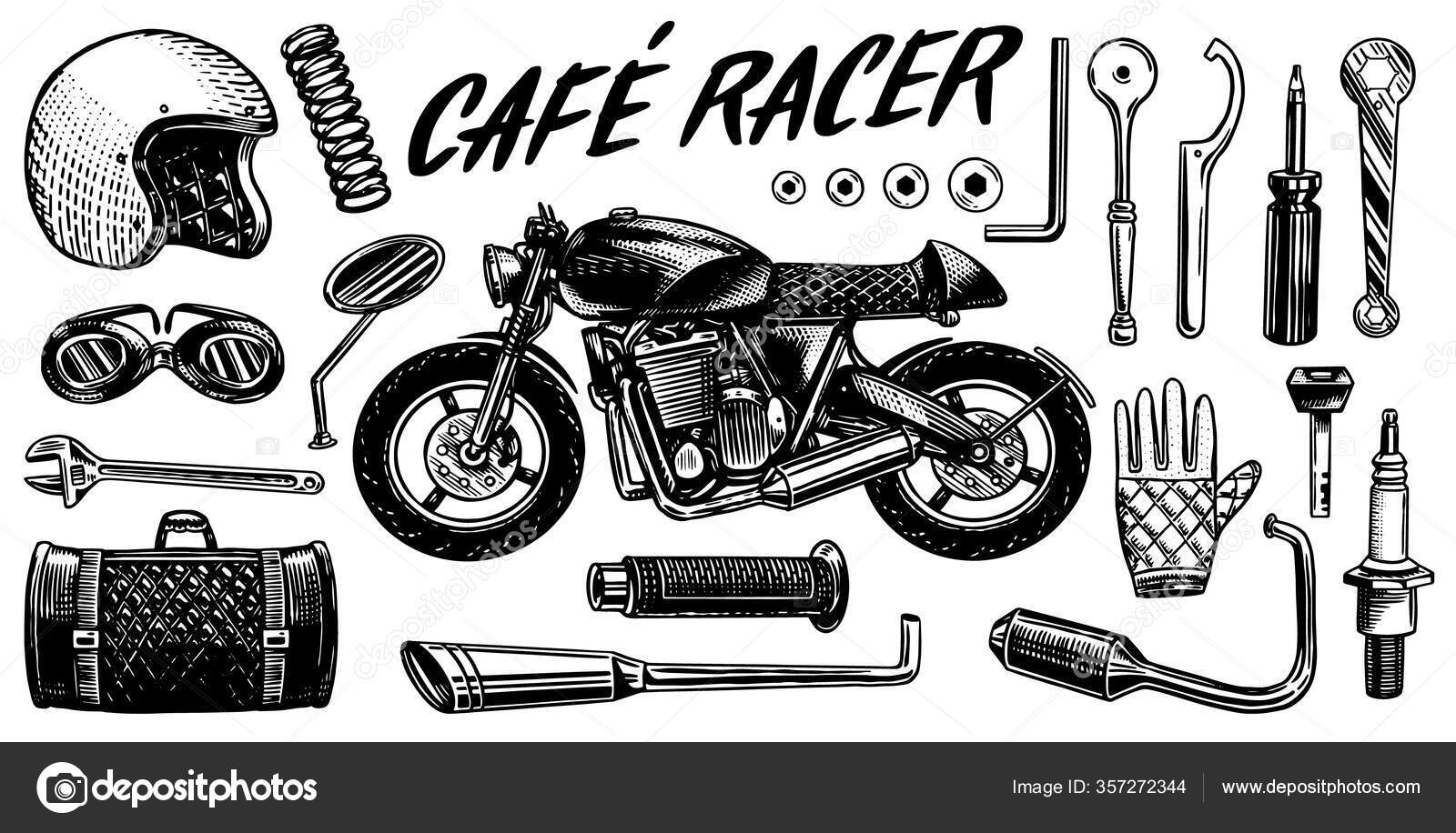 Motorcycle repair. Set of tools for the cafe racer. Bike Gloves Helmet ...