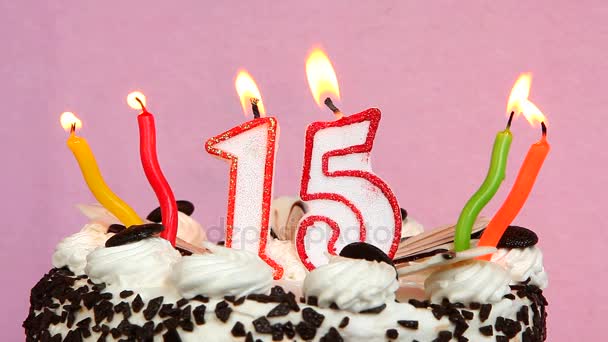 Happy 15 birthday with cake and candles on pink — Stock Video ...