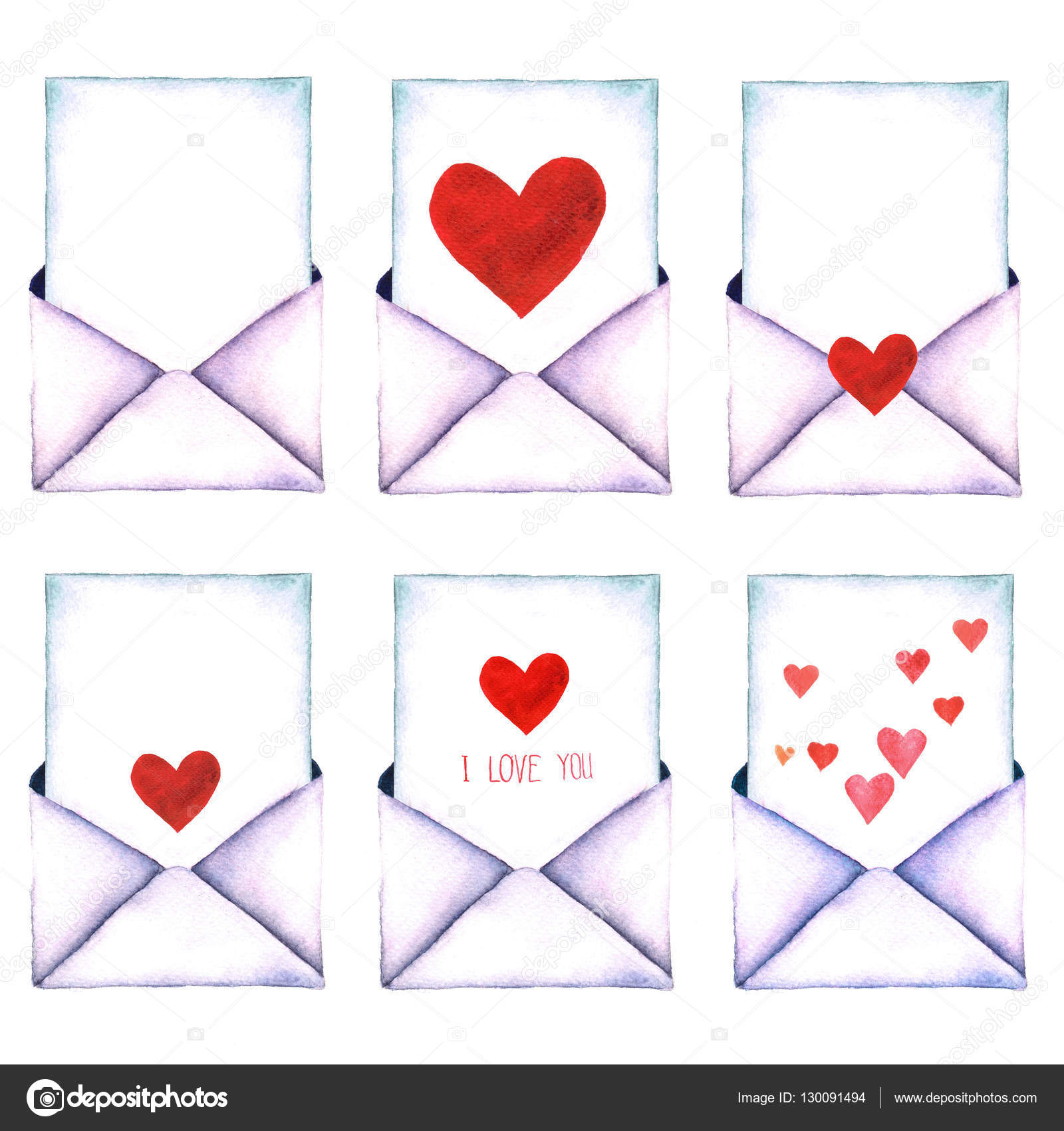 Love letter in an envelope painted in watercolor on a white background ...