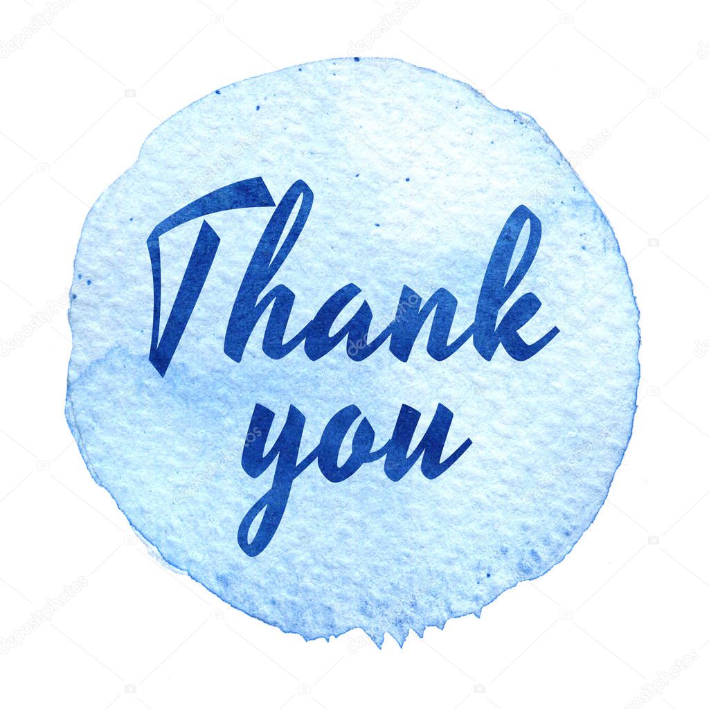 Círculo de acuarela azul con palabras gracias aisladas sobre un fondo ...