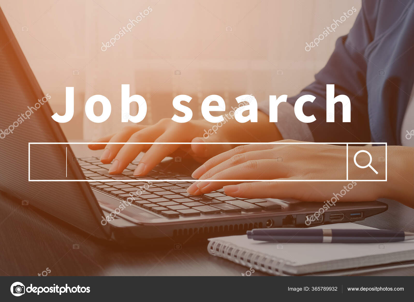 Hands Young Woman Working Laptop Search Bar Words Job Search — Stock ...