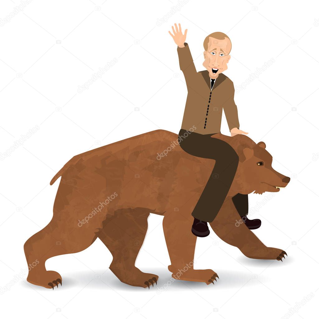 Vladimir Putin montando un oso pardo salvaje. Ensillado. Vector de ...