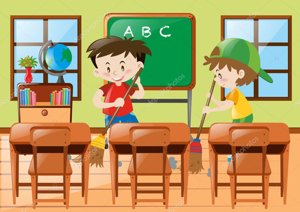 Two boys cleaning the classroom — Stock Vector © brgfx #127185588