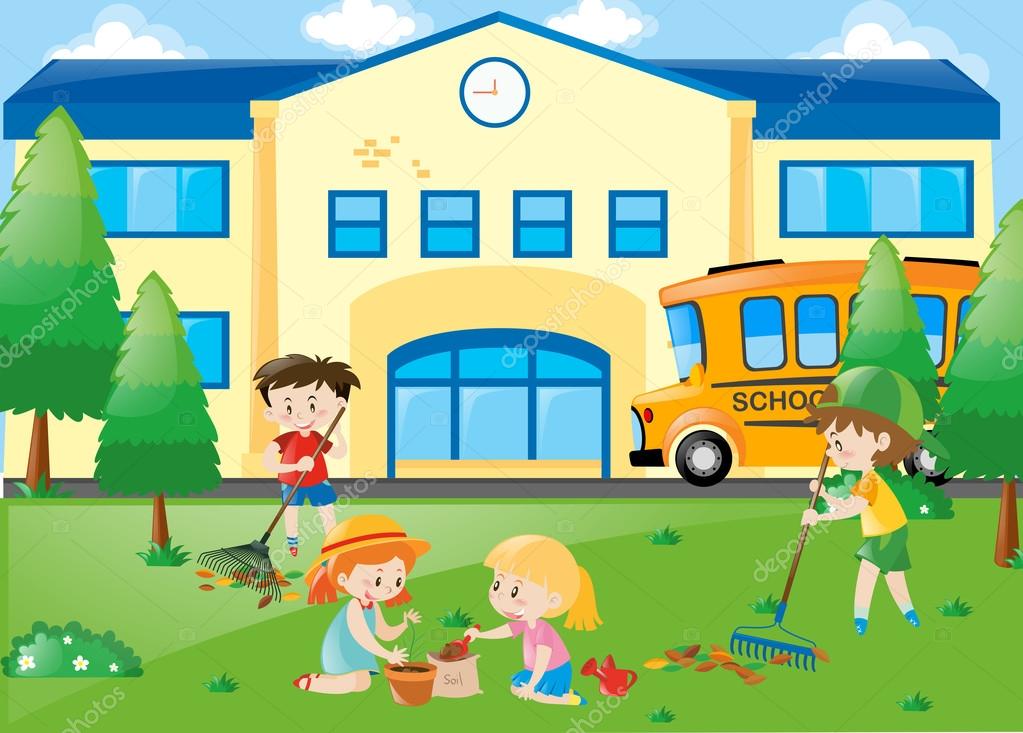 Students planting trees and raking leaves Stock Vector Image by ©brgfx ...