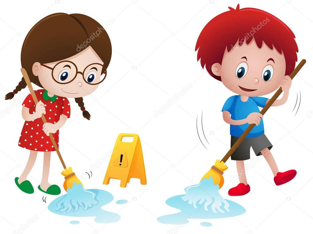 Niño y niña fregando piso mojado Vector de stock por ©brgfx 156945730