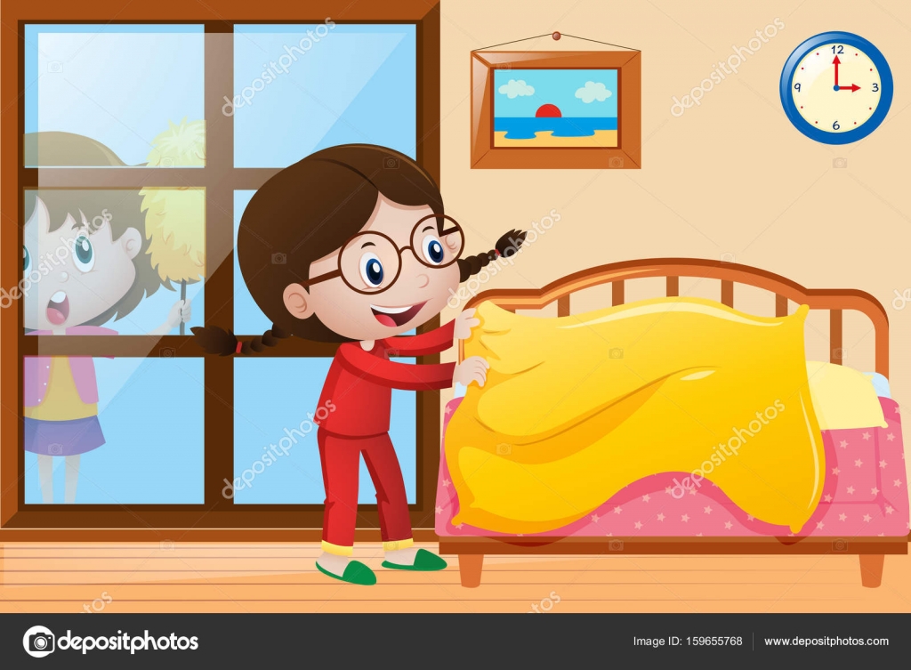 Girl making bed and dusting window Stock Vector by ©brgfx 159655768
