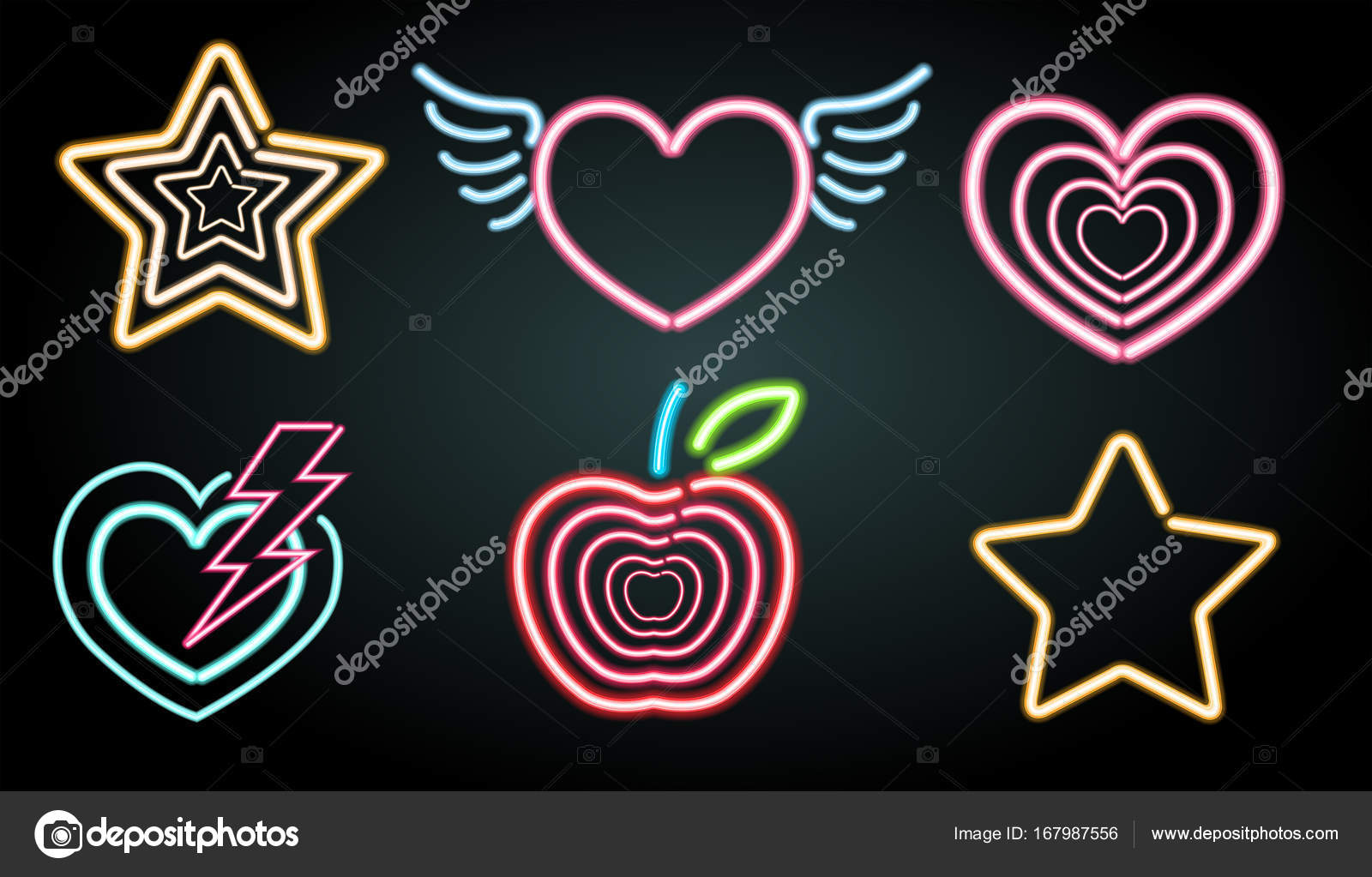 Símbolos de luz de néon em diferentes formas Vetor de ©brgfx 167987556