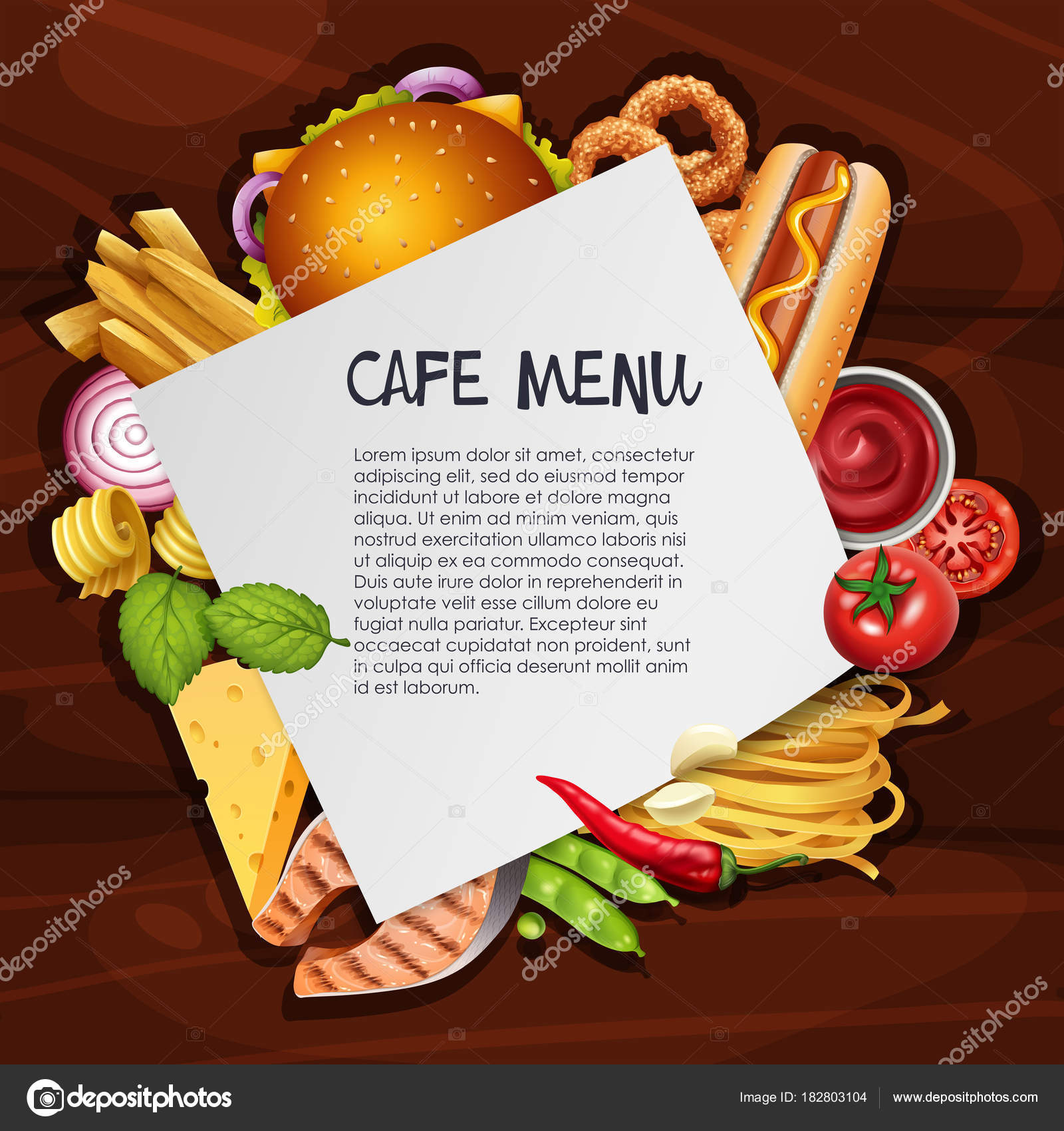 Cafe menu baggrund skabelon med forskellige typer af mad Stockvektor af ...