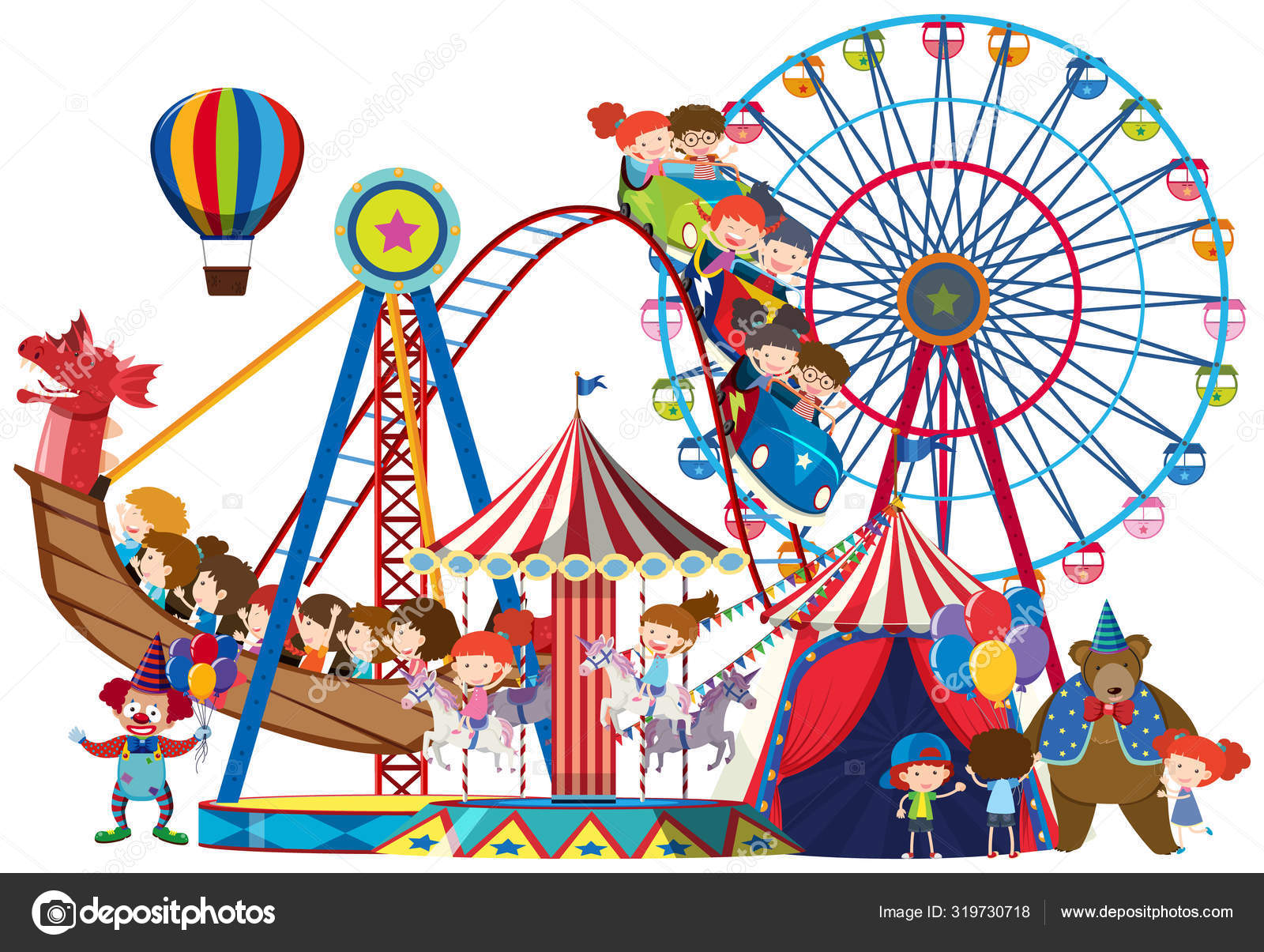 Niños cabalgando en paseos de circo Vector de stock #319730718 de ©brgfx