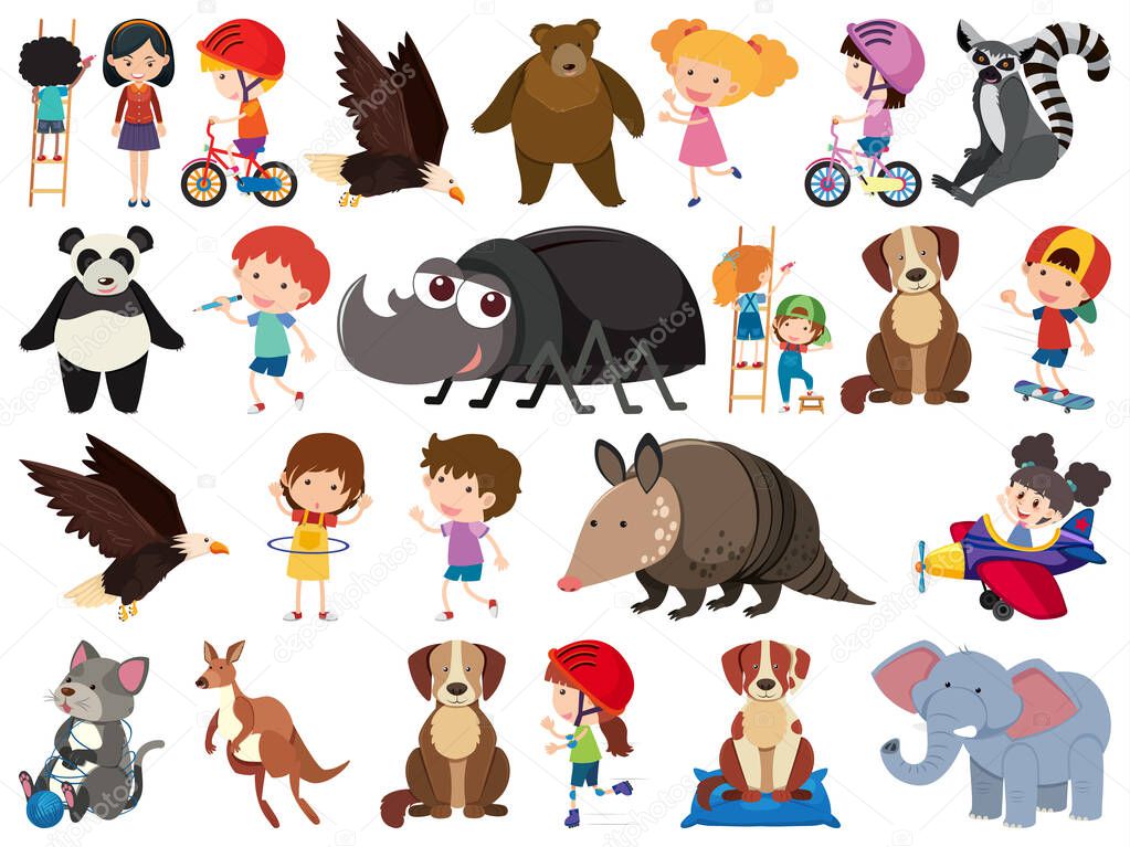 Conjunto de objetos aislados animales temáticos y niños 2024