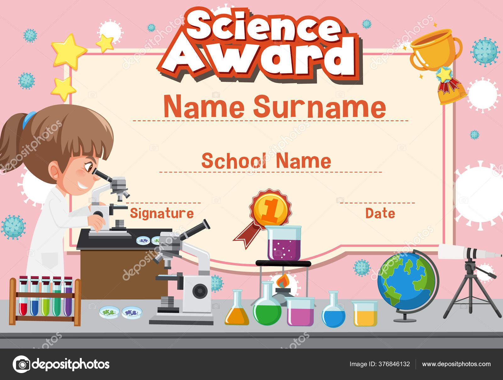 Plantilla Certificado Para Premio Ciencia Con Niño Ilustración Fondo ...
