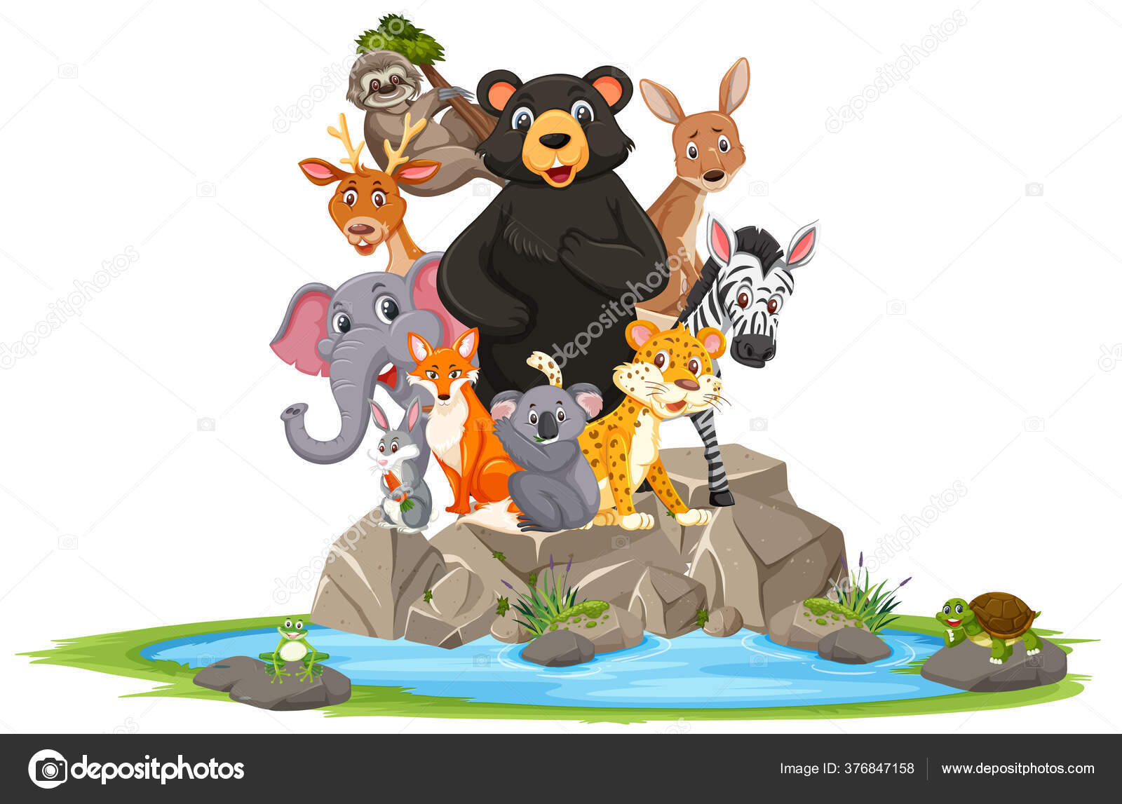 Wild Animals Standing Stone Cartoon Character White Background ...