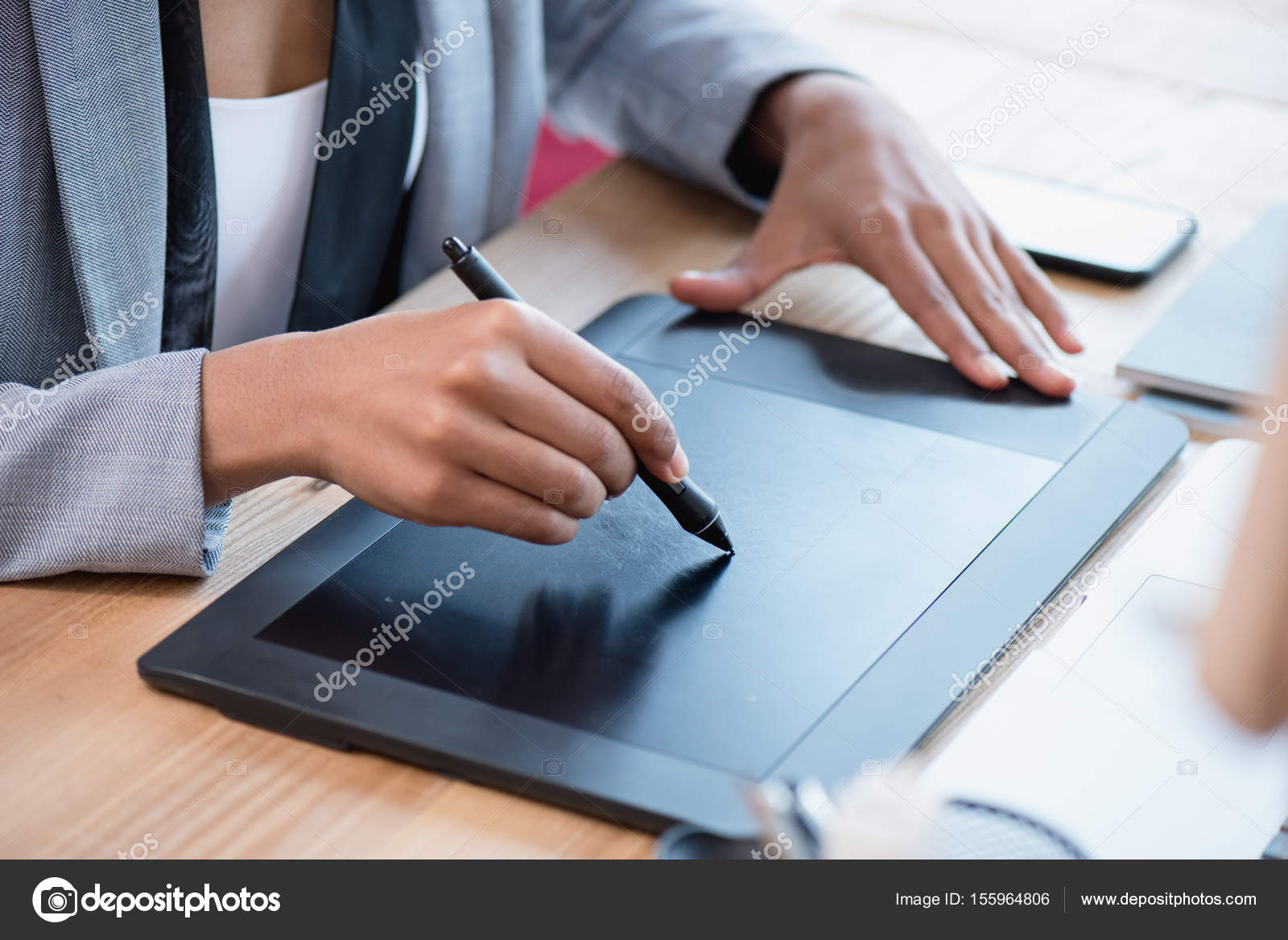 Designer drawing on graphics tablet at workplace — Stock Photo ...