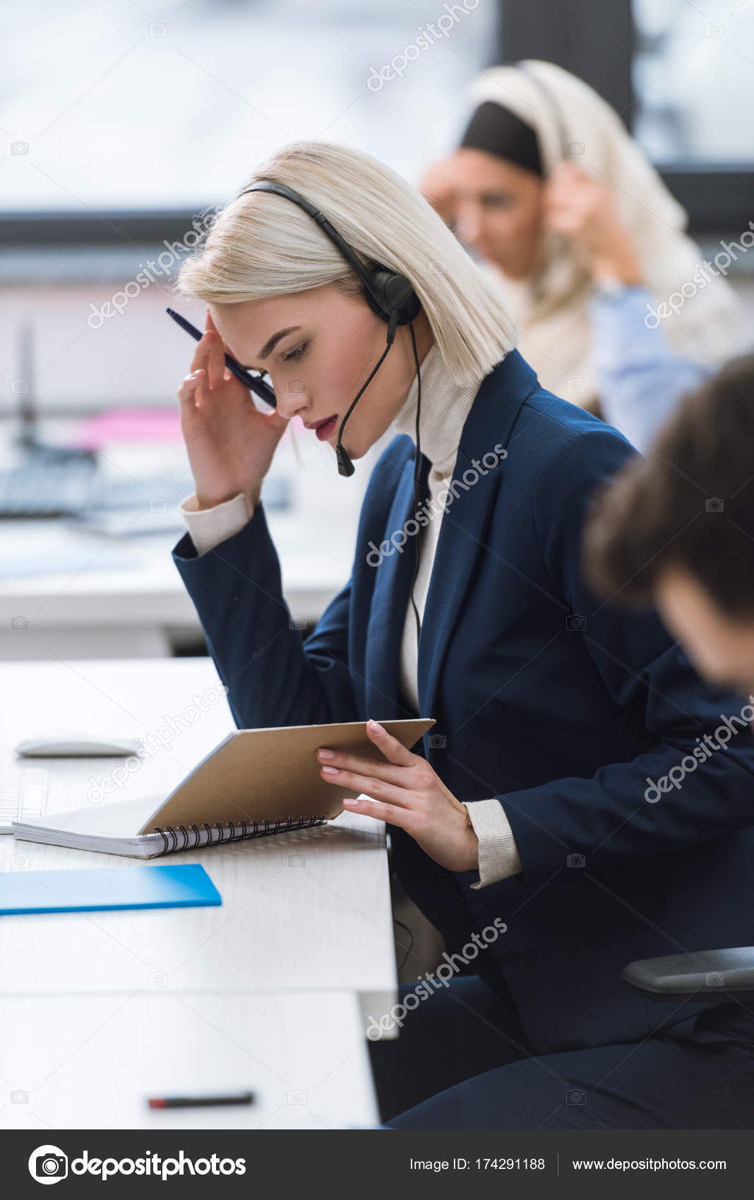 Call center operator working in office — Stock Photo ...