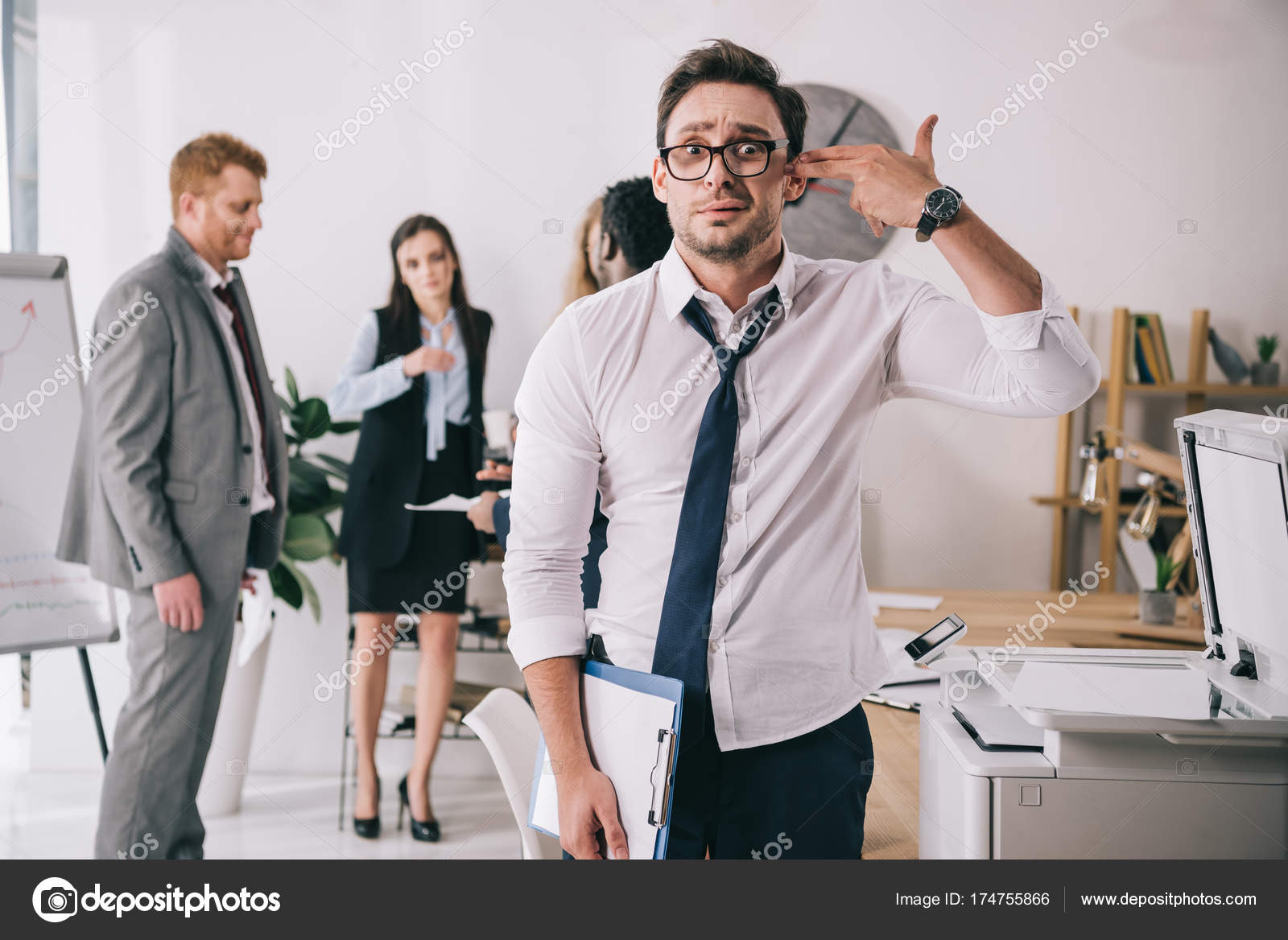 Exhausted Young Manager Making Handgun Gesture Office Looking Camera ...