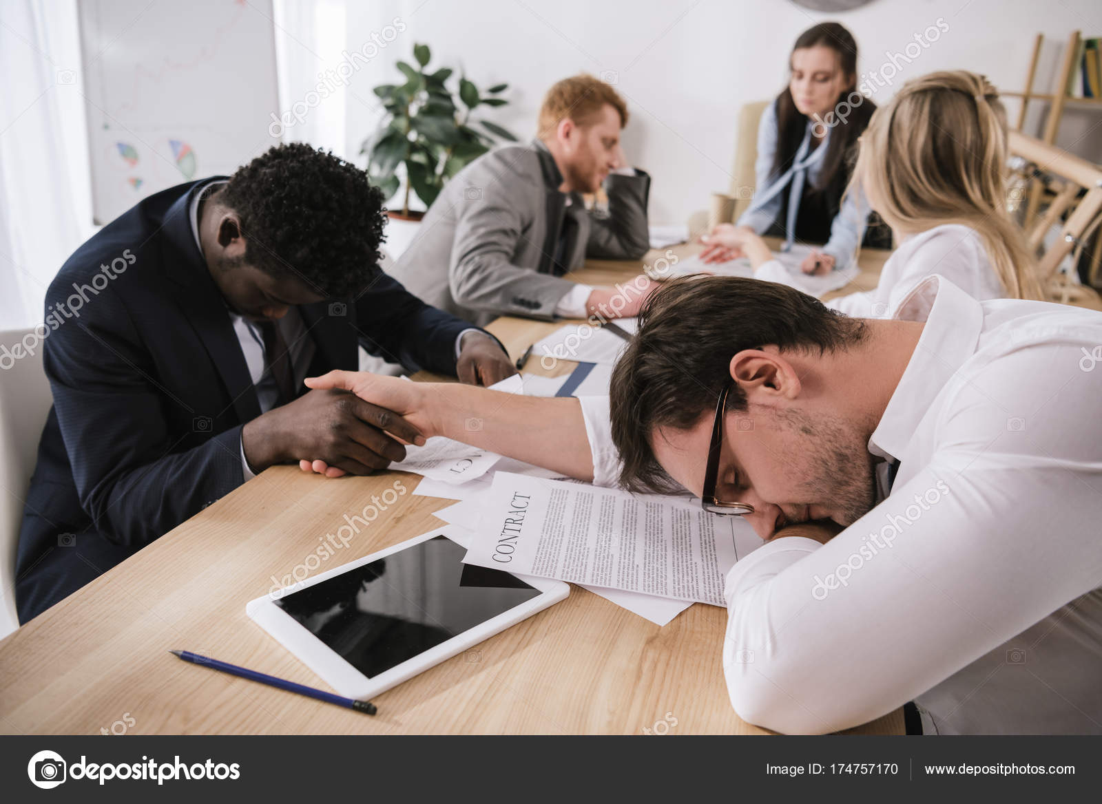 Sleeping Business Partners Shaking Hands Conference Hall Stock Photo by ...