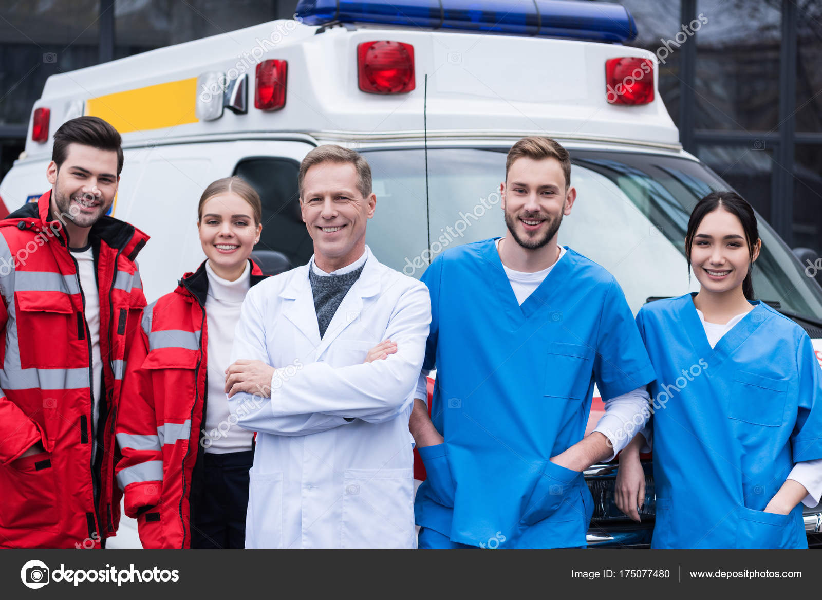 Happy Ambulance Doctors Working Team Standing Front Car Stock Photo by ...