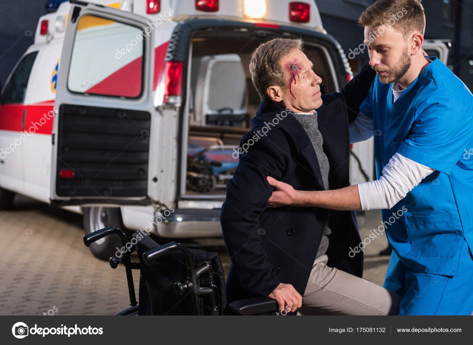 Paramedic Helping Injured Man Sit Wheelchair — Stock Photo ...