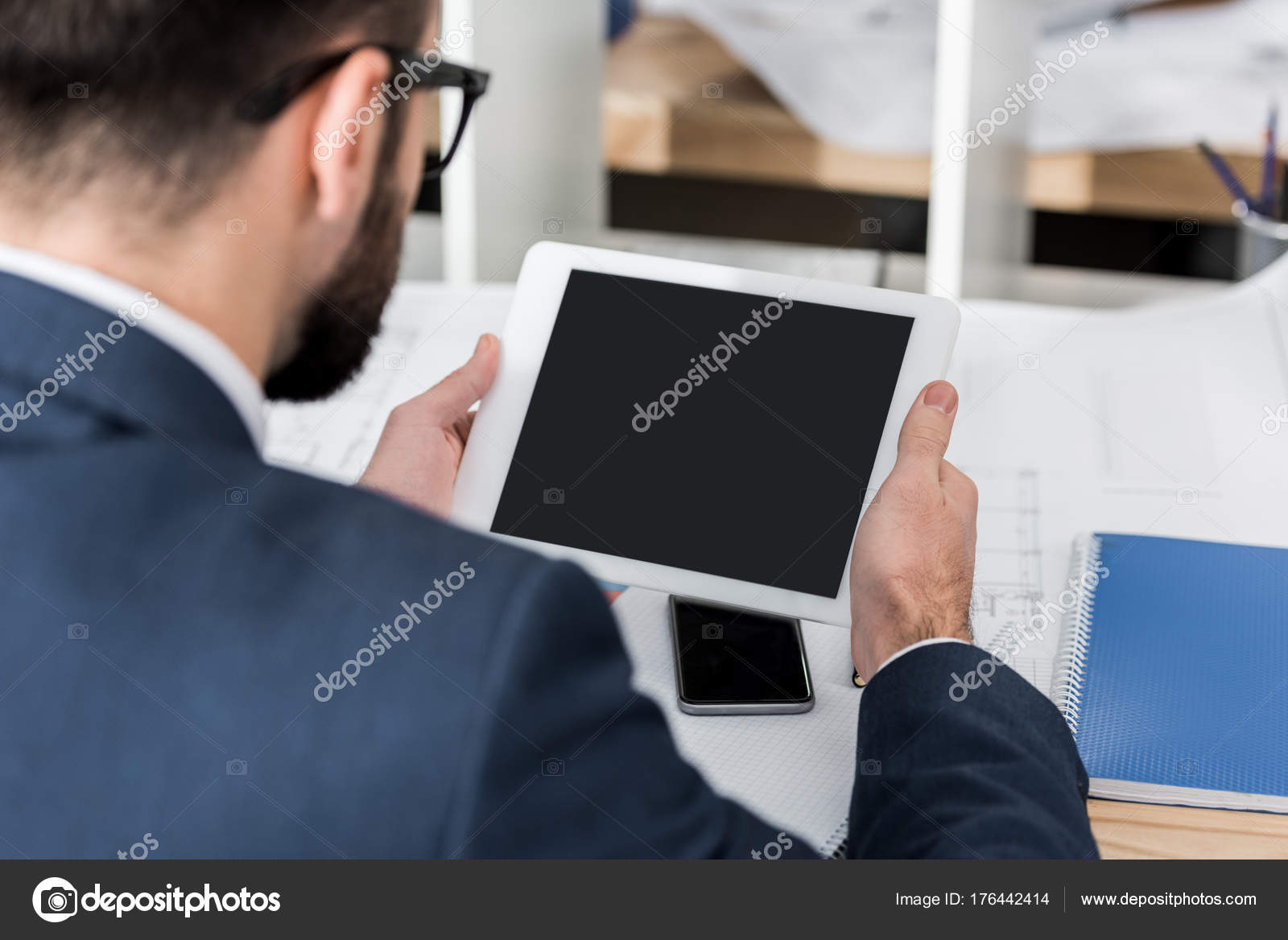 Businessman Using Tablet Working Place — Stock Photo ...