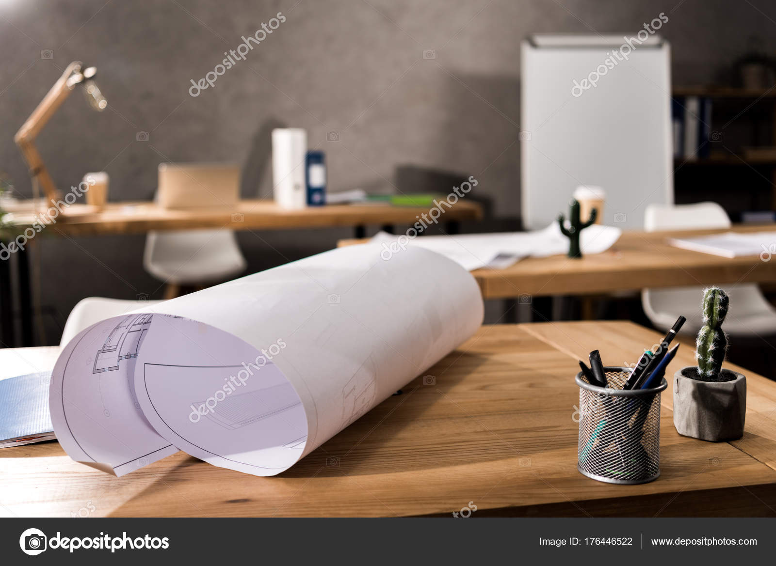 Project Blueprint Wooden Table Office — Stock Photo ...