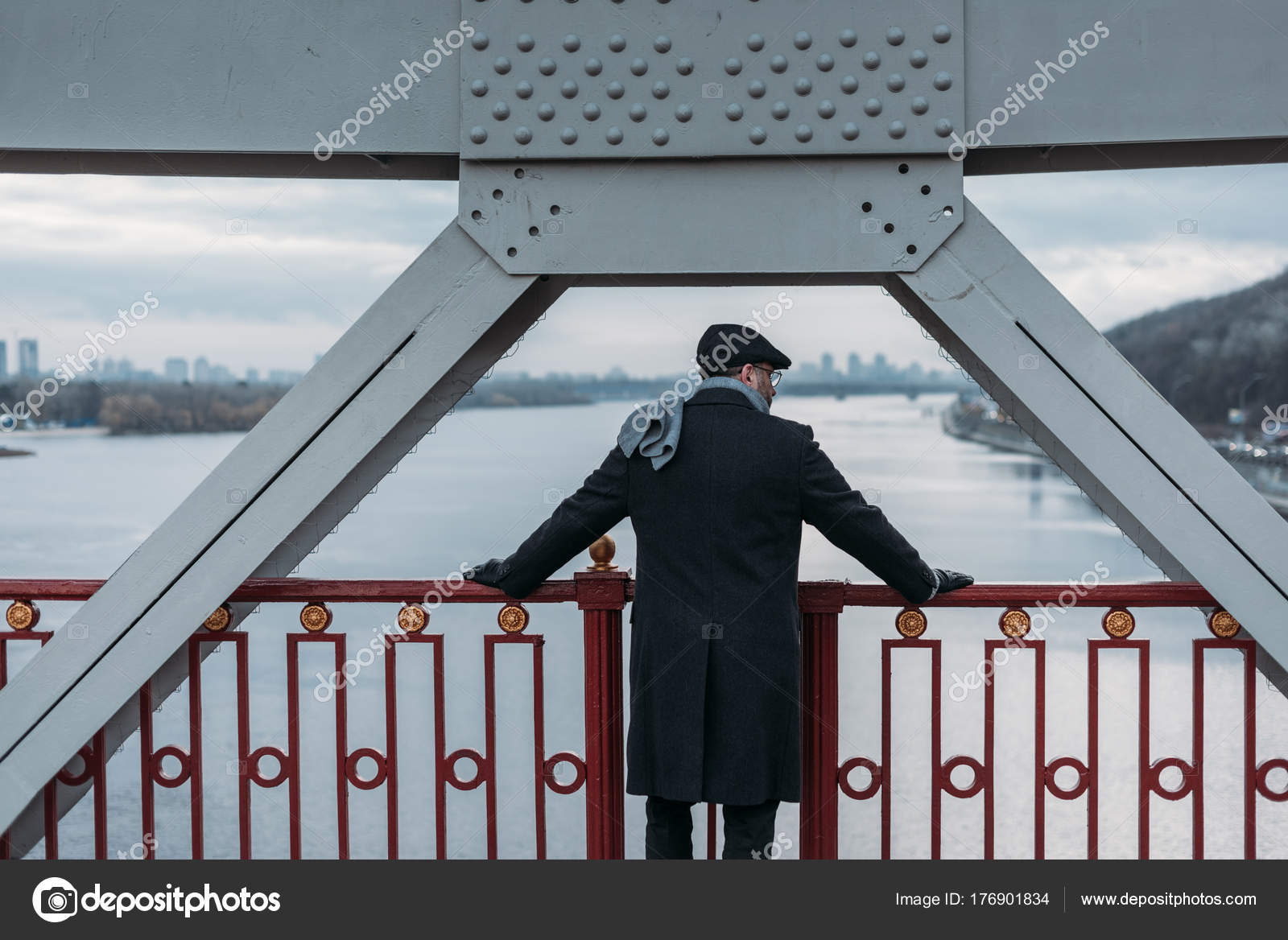 Thoughtful Adult Man Standing Bridge Looking River — Stock Photo ...