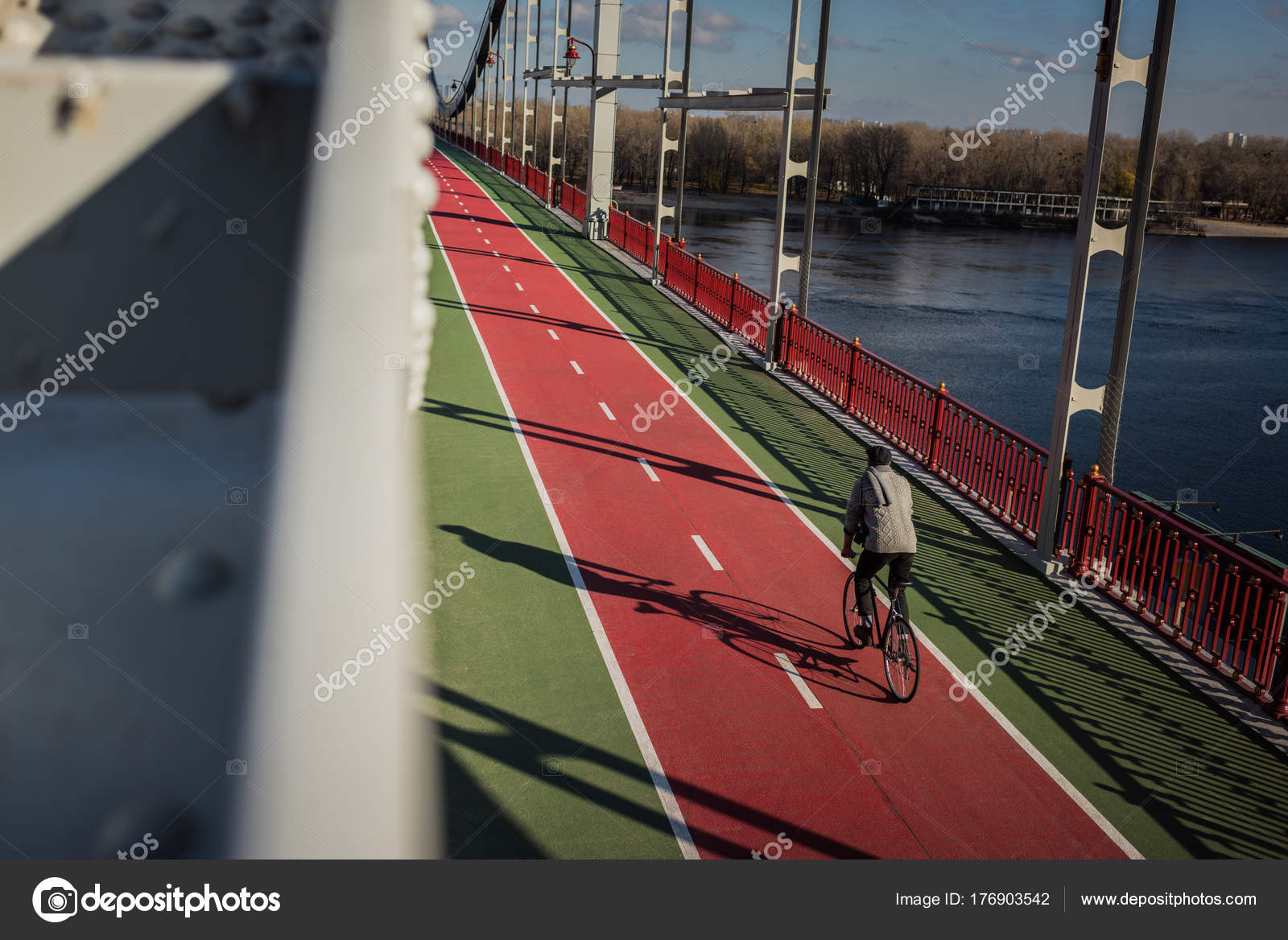 High Angle View Man Riding Bicycle Pedestrian Bridge River — Stock ...
