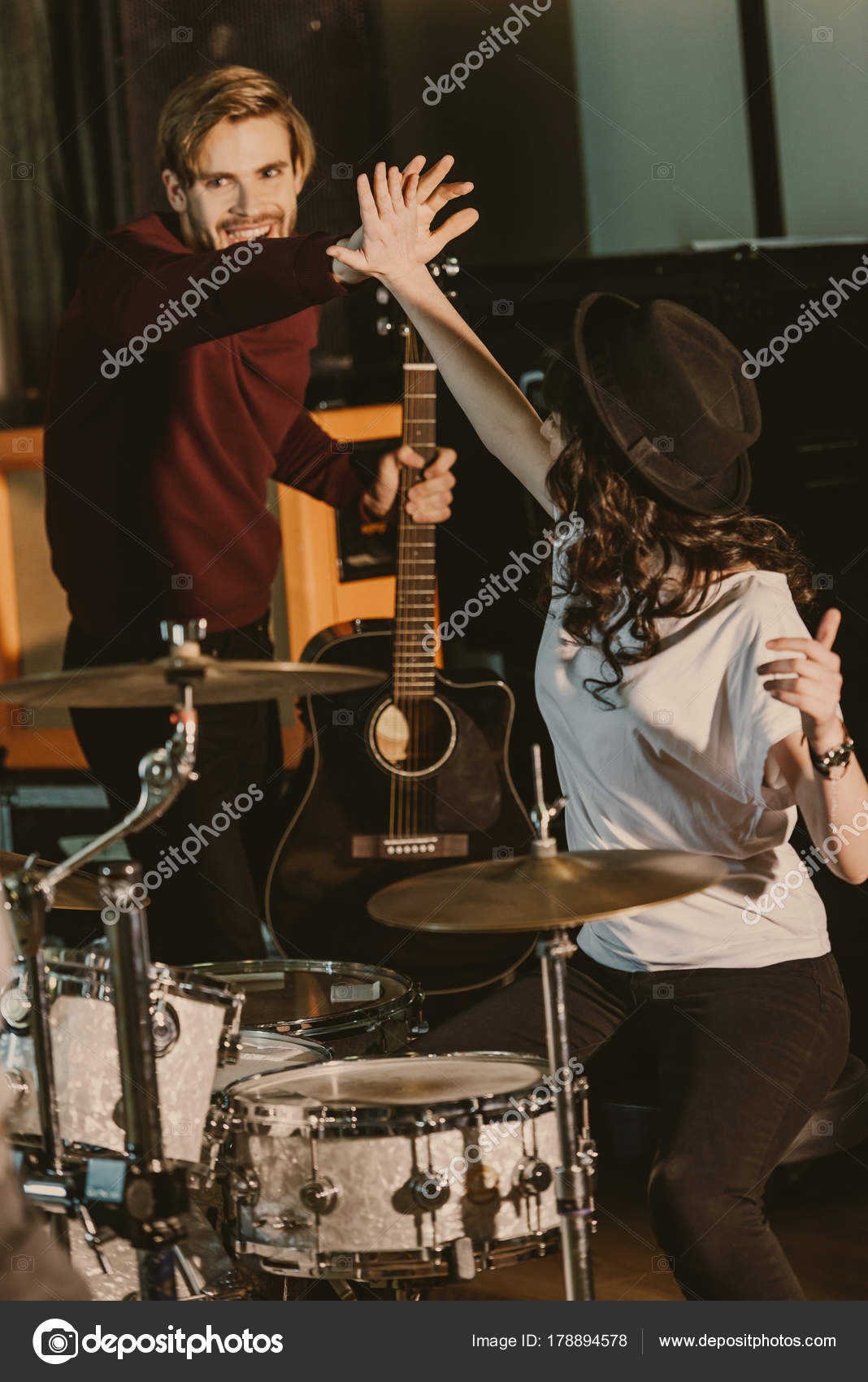 Young Musicians Giving High Five Repetition — Stock Photo ...