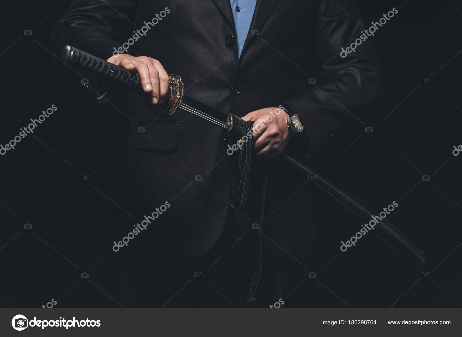 Cropped Shot Man Suit Taking Out His Katana Sword Isolated Stock Photo ...