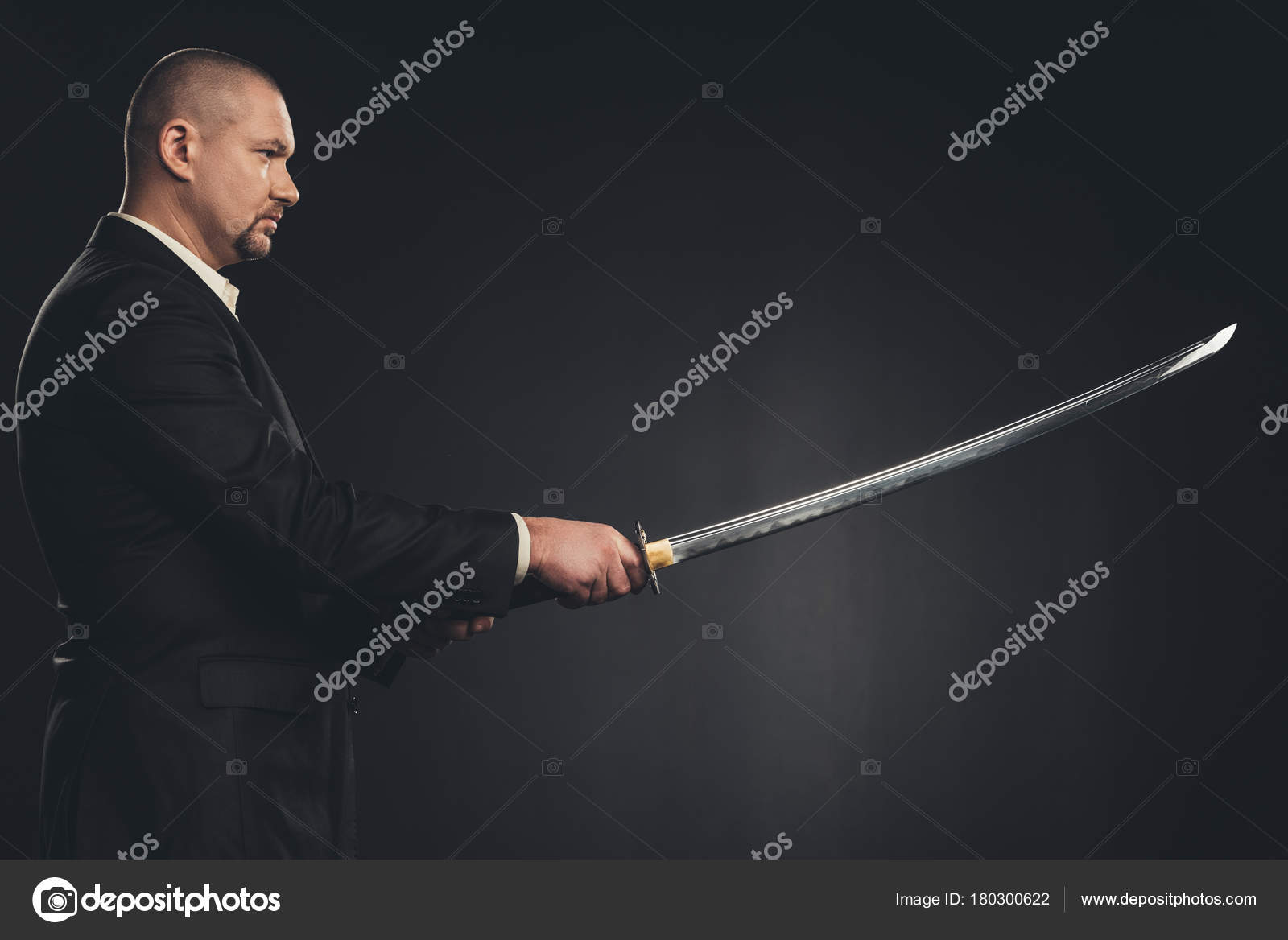 Side View Man Suit Katana Sword Isolated Black Stock Photo by ...