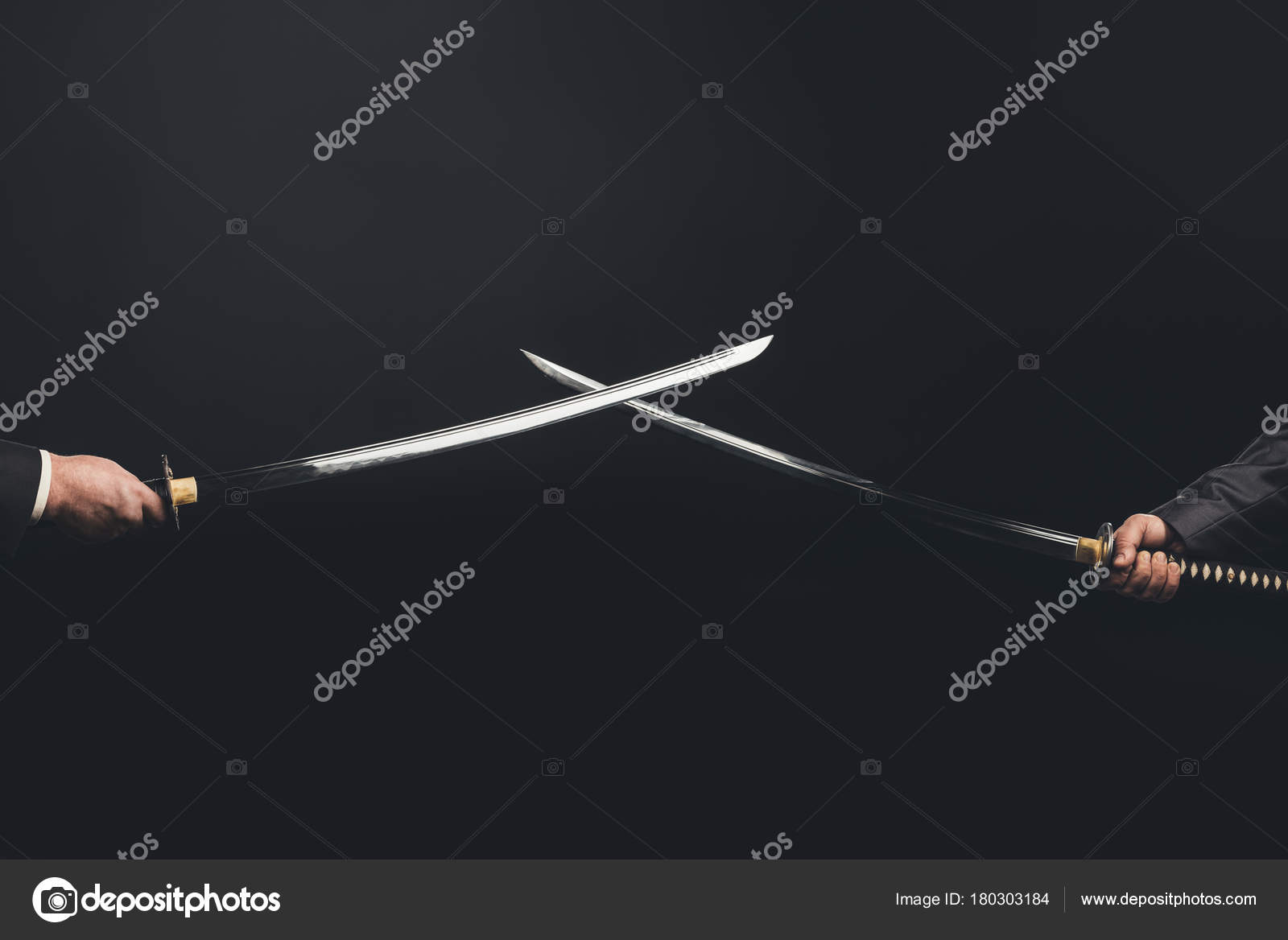 Cropped Shot Samurai Crossed Swords Isolated Black — Stock Photo ...