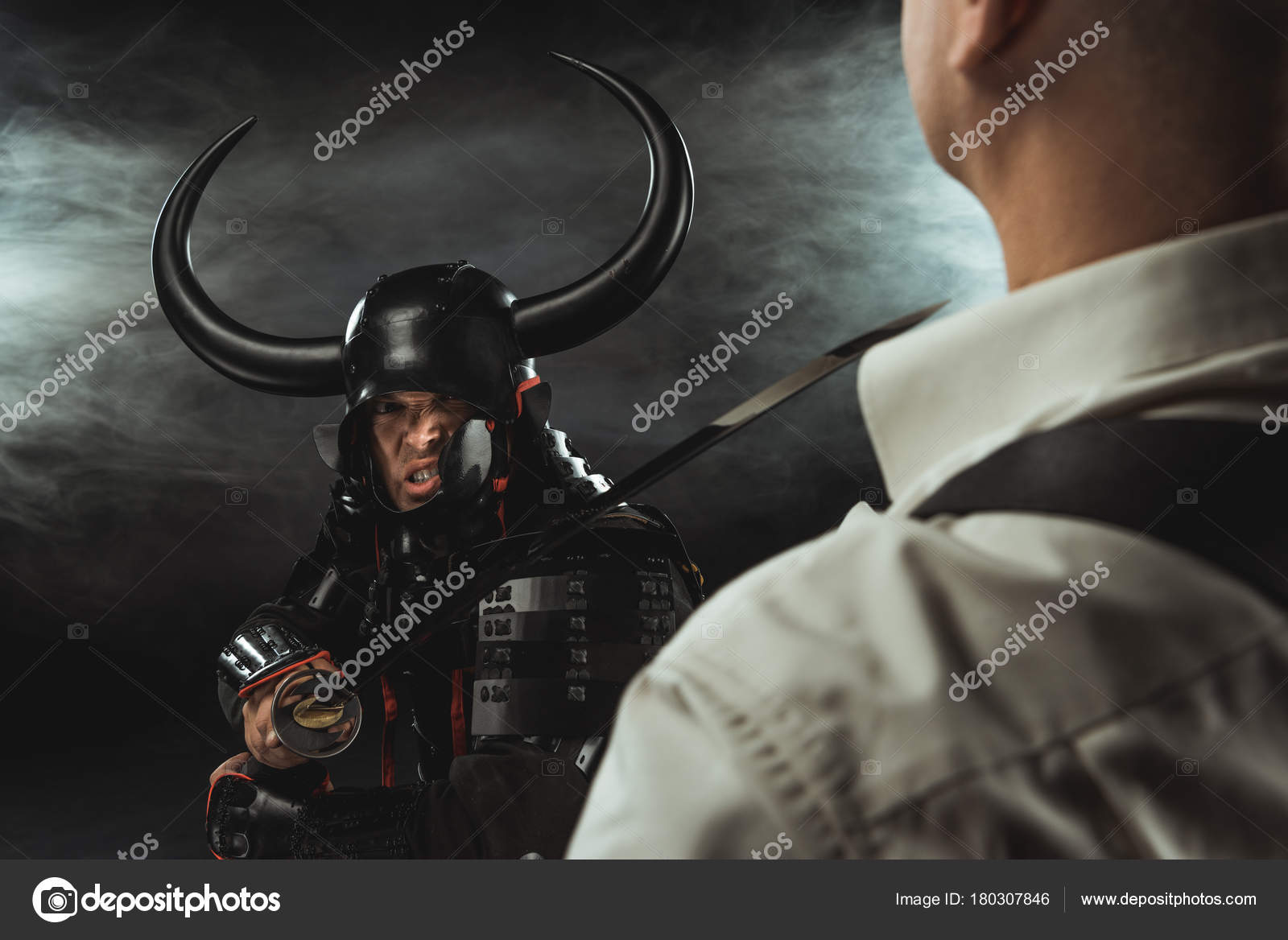 Angry Samurai Katana Ready Kill Modern Man Stock Photo by ...