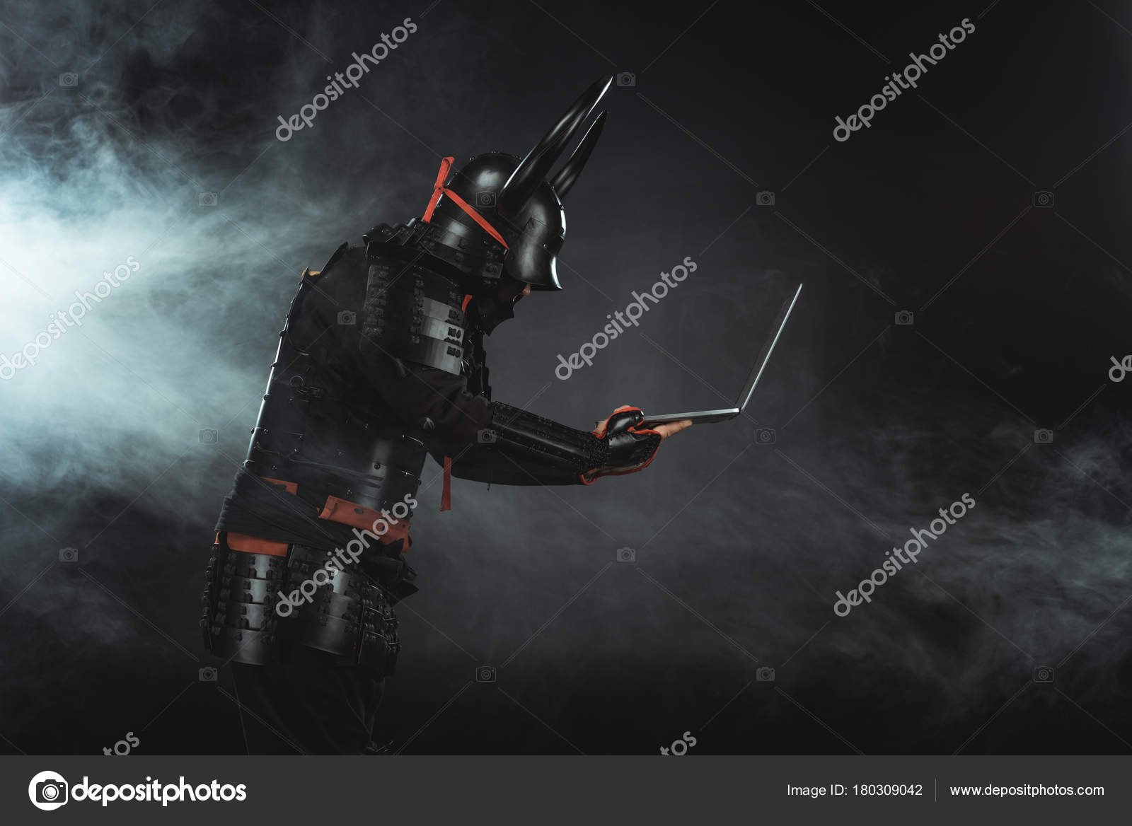 Side View Samurai Using Laptop Dark Background Smoke Stock Photo by ...