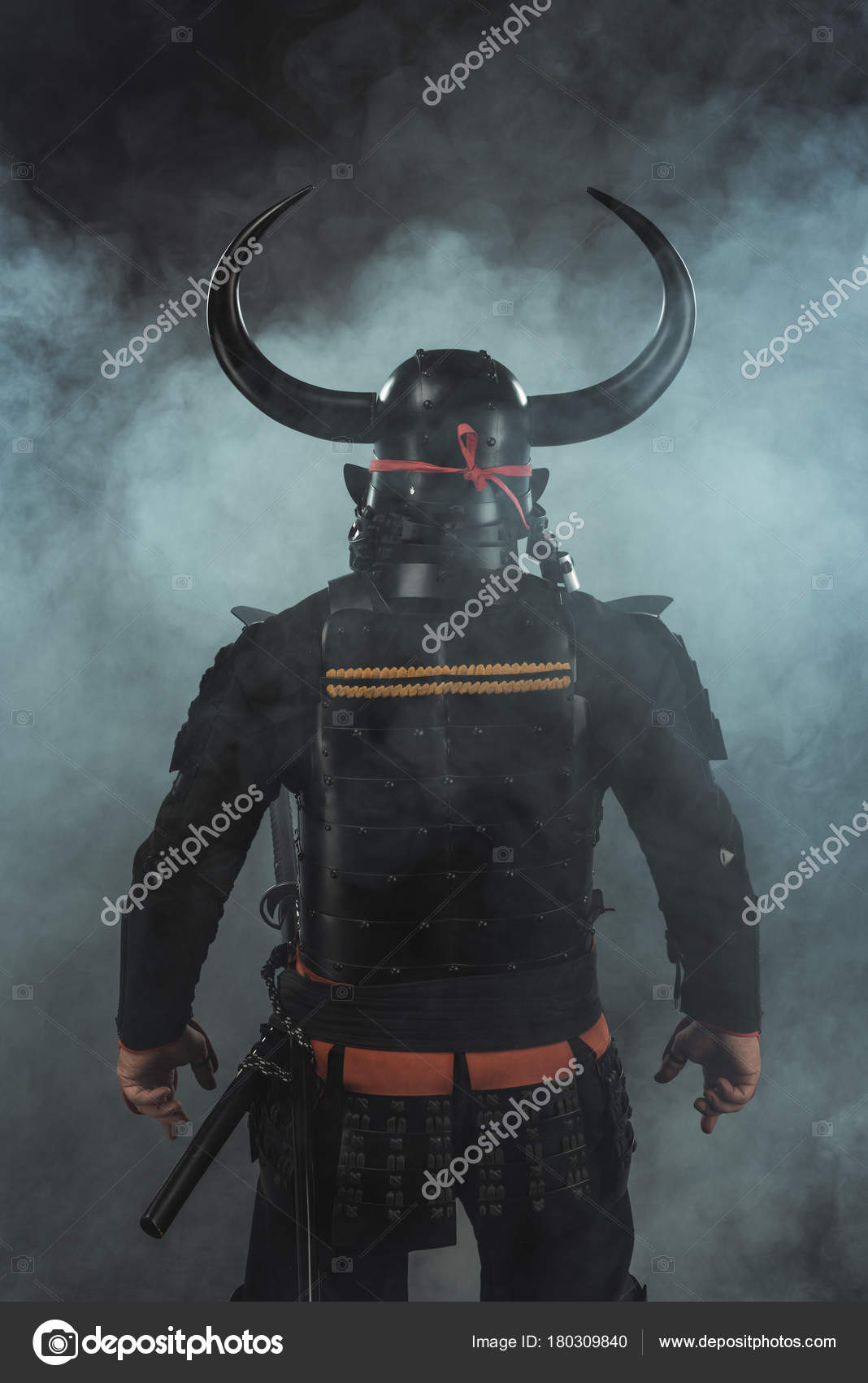 Back View Samurai Traditional Armor Horned Helmet Dark Background Smoke ...