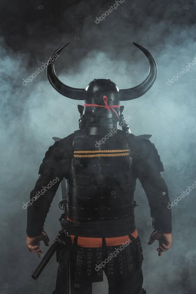 Back View Samurai Traditional Armor Horned Helmet Dark Background Smoke ...