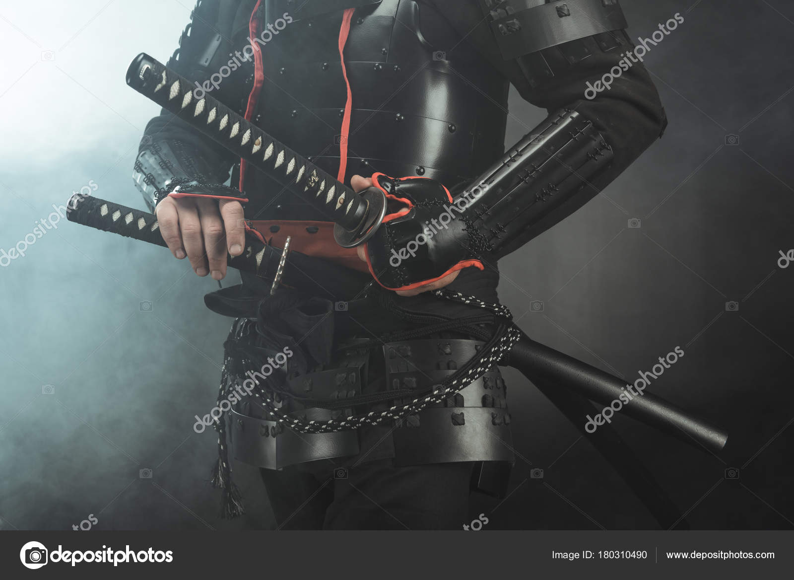 Cropped Shot Samurai Armor Swords Dark Background Smoke — Stock Photo ...