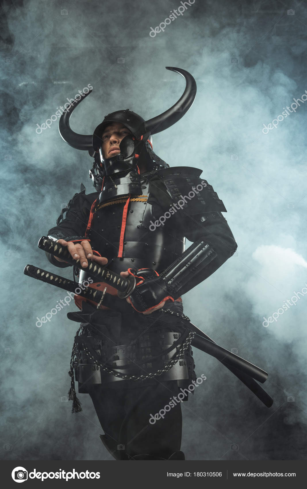 Bottom View Samurai Japanese Armor Swords Dark Background Smoke — Stock ...