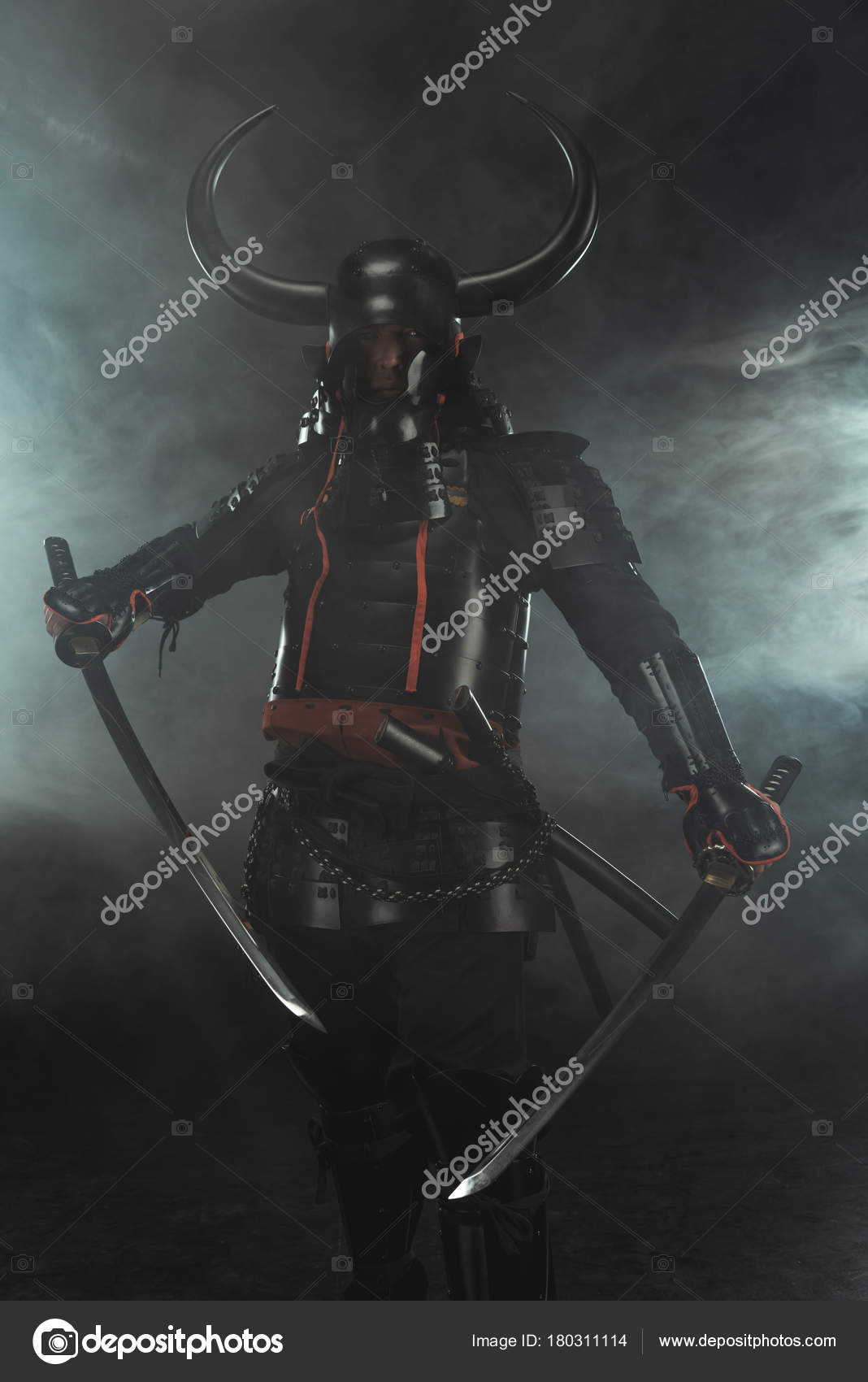 Samurai Traditional Armor Dual Katana Swords Dark Background Smoke ⬇ ...