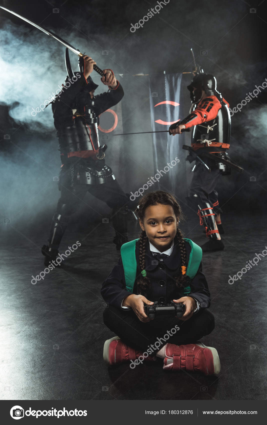 Little Schoolkid Playing Samurai Fighting Gamepad Real Life — Stock ...